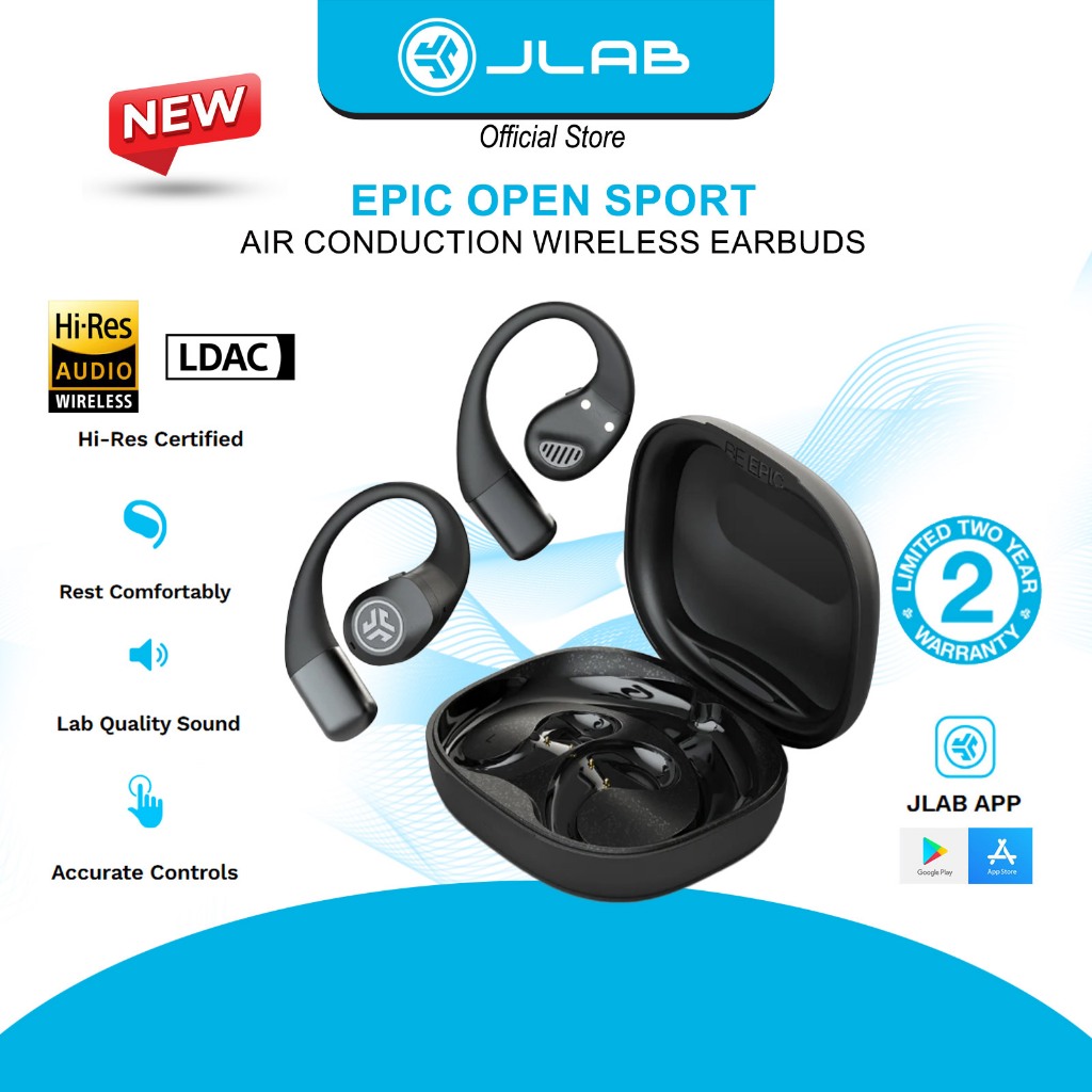 JLab Epic Open Sport Wireless Earbuds Open-Ear IP55 Secure Hook BT5.4 ...