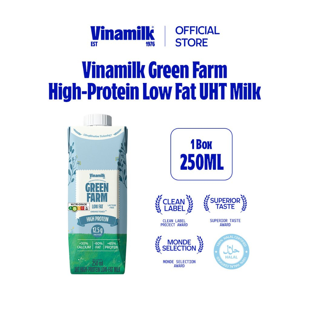Vinamilk Green Farm High Protein Low Fat UHT Milk 250ml - Lactose Free ...