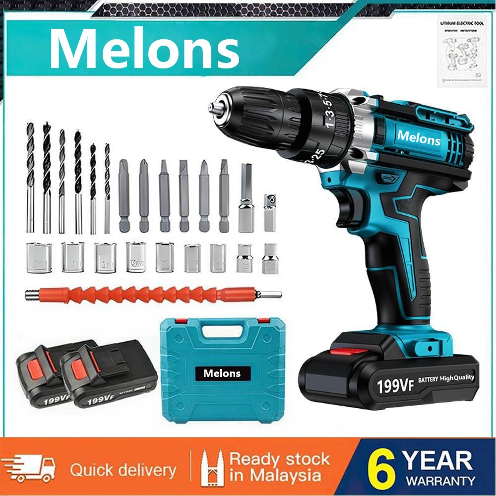 High Quality [COD] 199V Cordless Electric Drill with 2 Lithium Batteries High-power Screwdriver ...