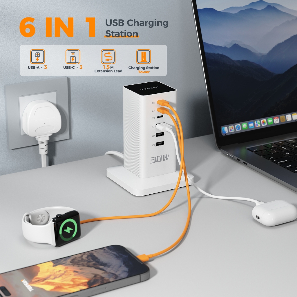 TESSAN Desktop Charging Station 30W Power Tower with 6 Ports & USB-C ...