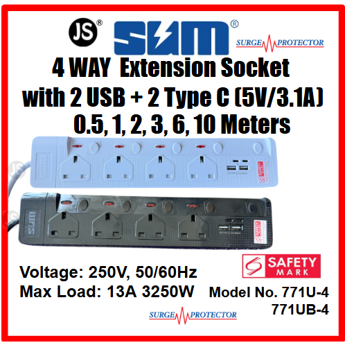 SUM 4 Way Extension Safety Socket with 4 USB 3.1A (2 USB Type A & 2 ...