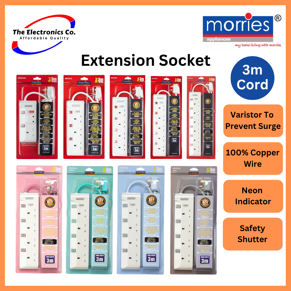 Morries 3 Metres Extension Socket (2 / 3 / 4 / 5 / 6 Way) | Shopee ...