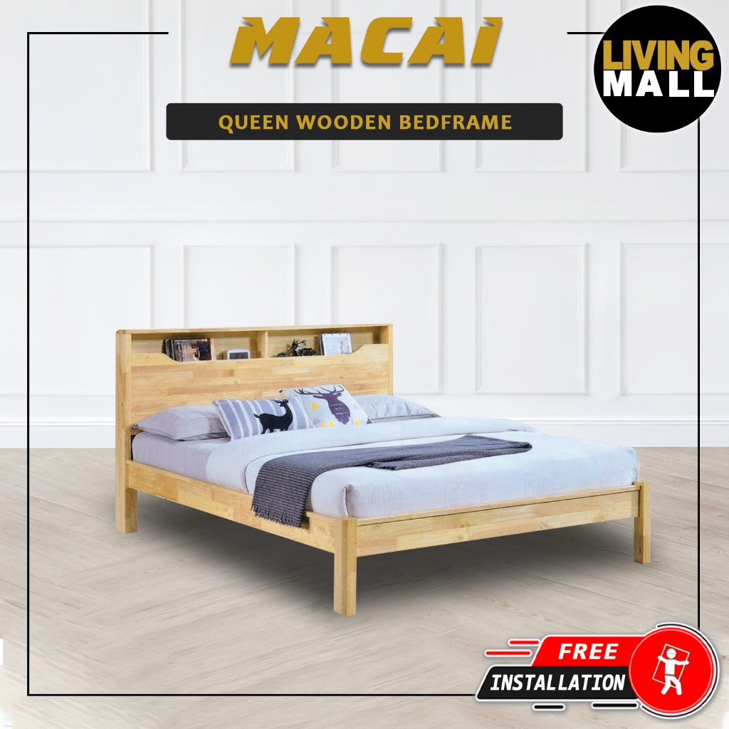 LivingMall Macai Wooden Bedframe Solid Wood With Plywood Base Queen ...