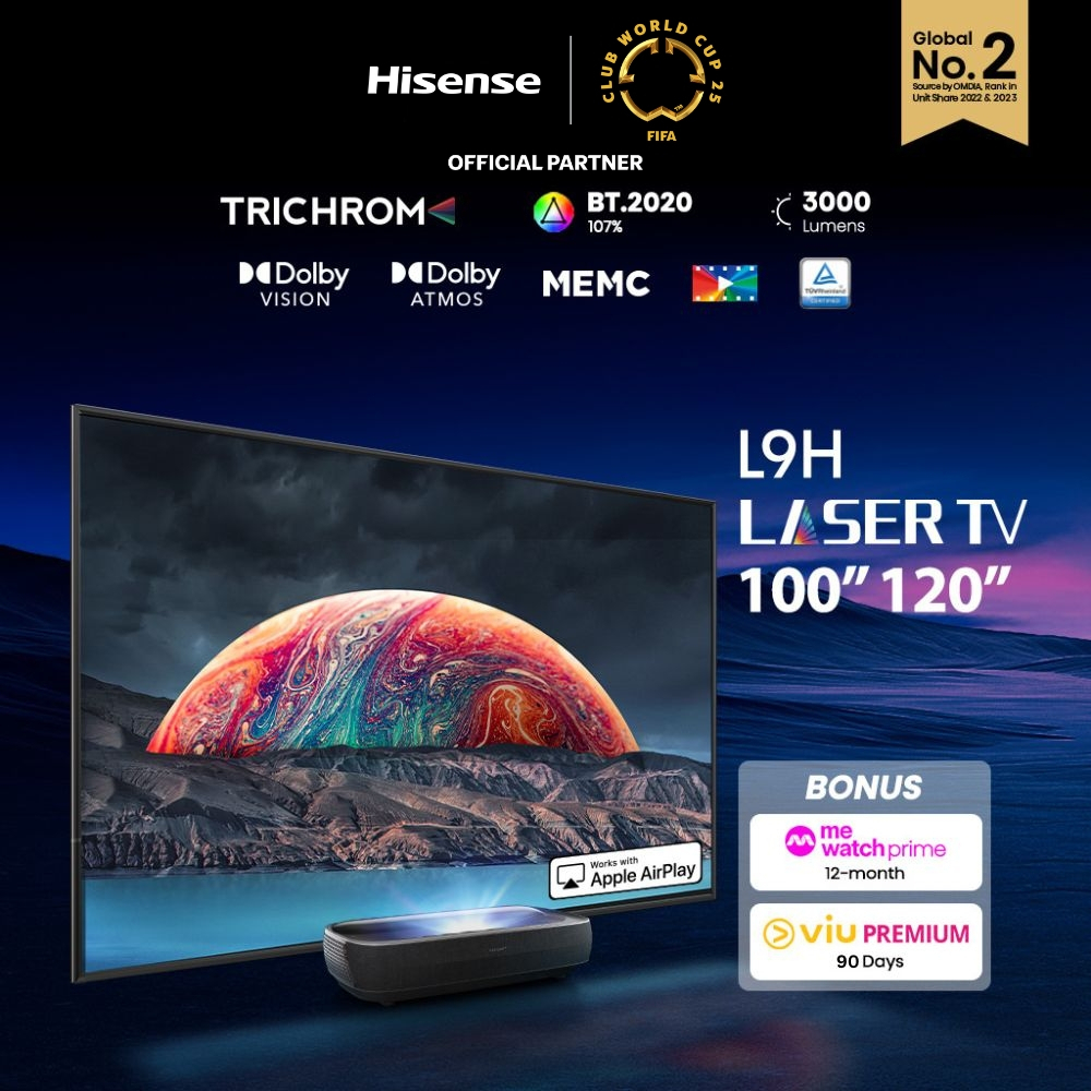 Hisense L9H 120 inch 4K Ultra Short Throw Laser Cinema TV + ALR screen | 3000 Lumens|BT2020 107% ...