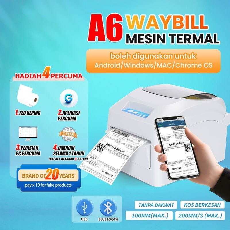 Pony A6 Thermal Printer Bluetooth Waybill Barcode Shipping Label ...