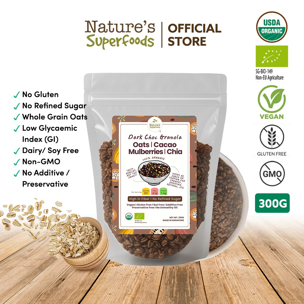[NEW] Organic Dark Choc Granola– Oats Cacao Mulberries 300g High Fiber ...