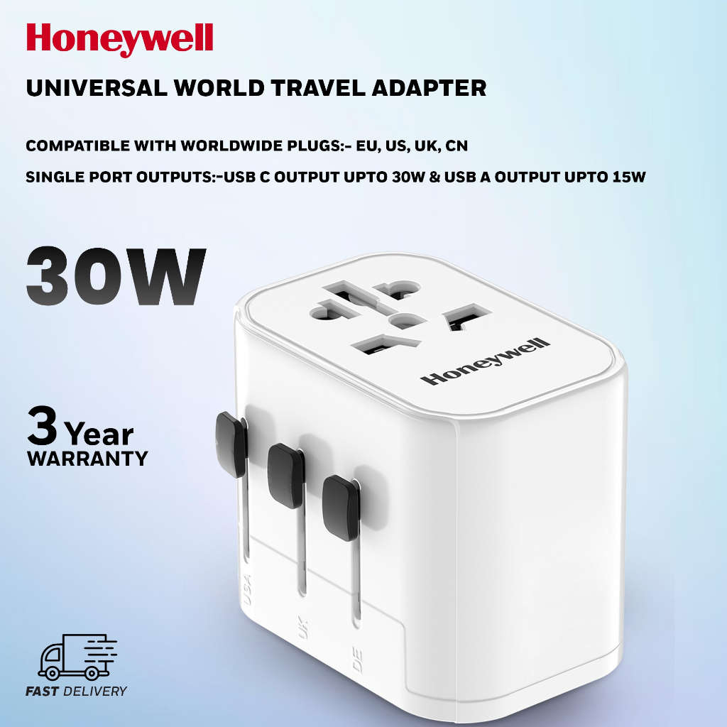 Honeywell Universal Travel Adapter with 2xUSB Ports,1xTypeC PD30W Port ...