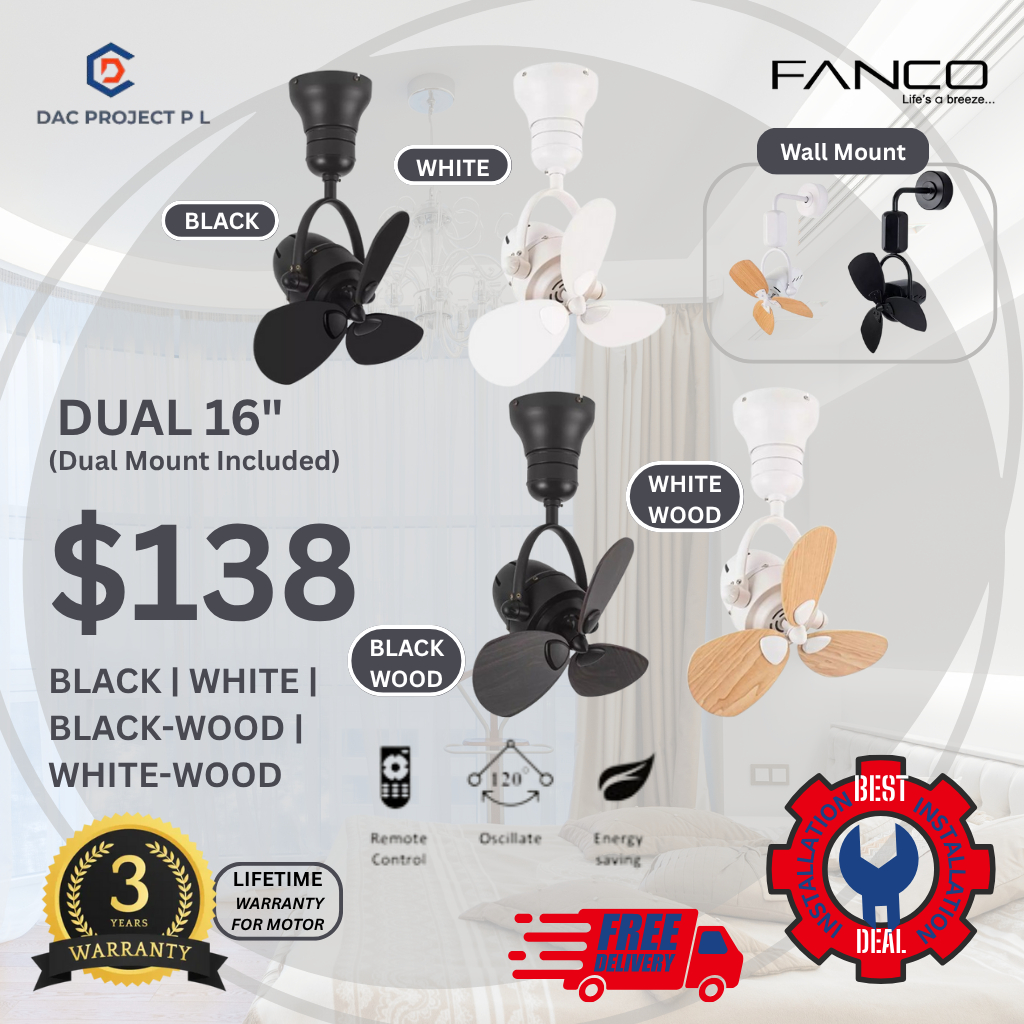 Fanco Dual 16" Corner Fan | DC Motor | Wall/Ceiling Mount | 120 ...