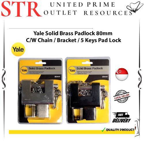 Yale Solid Brass Padlock 80mm C/W ( Chain / Bracket / 5 Keys ) Pad Lock ...