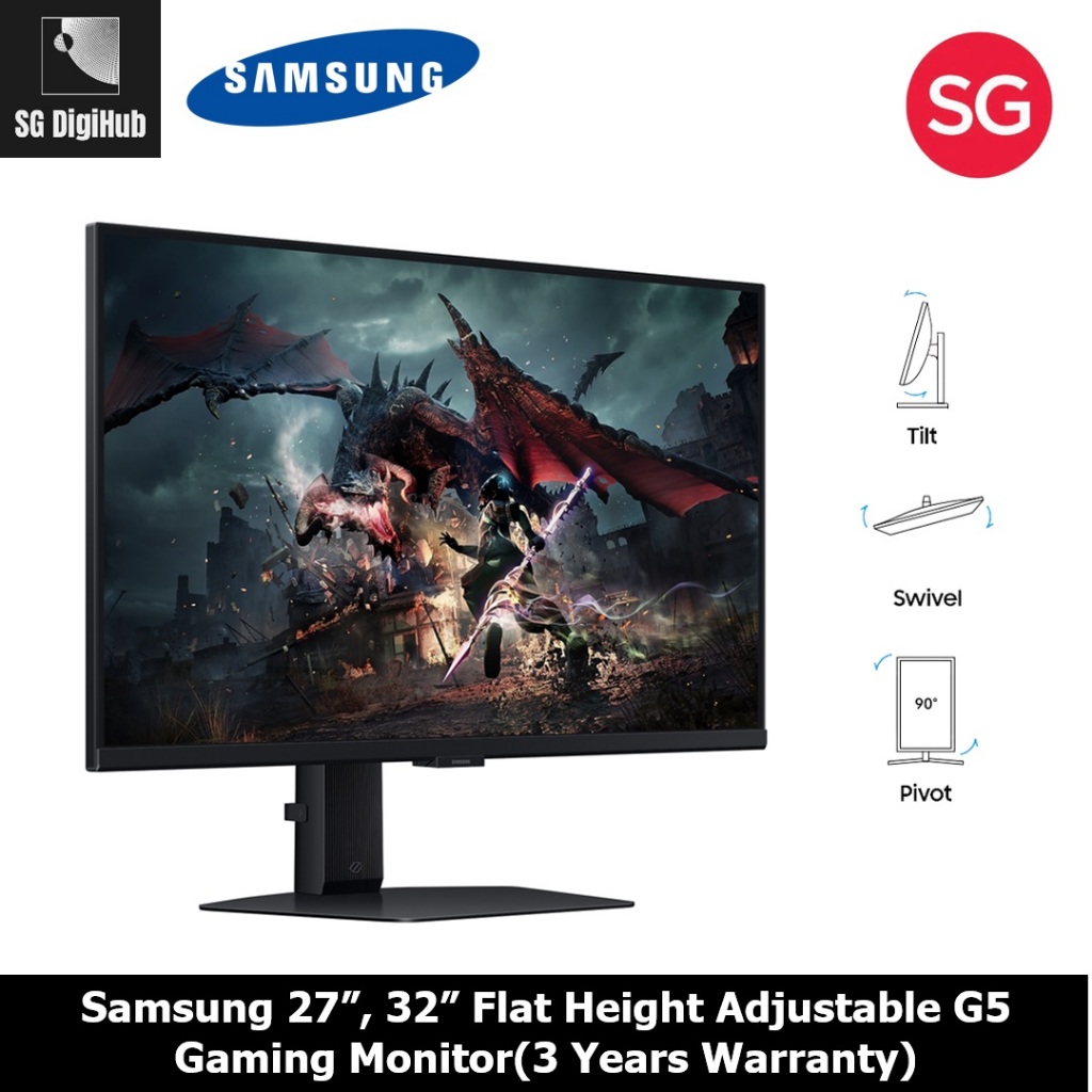 Samsung 27”, 3” Flat Height Adjustable G5 QHD Gaming Monitor(3 Years ...