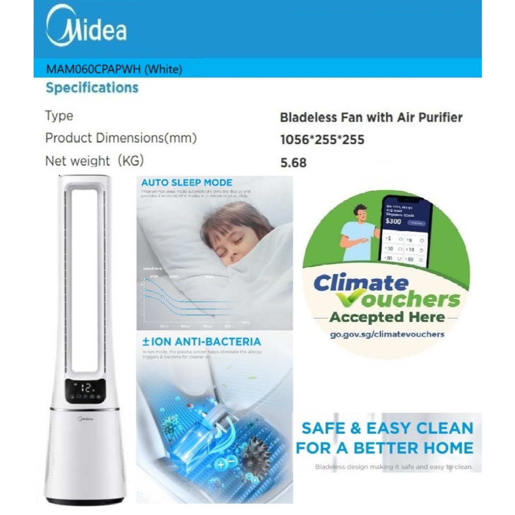 [CLIMATE VOUCHER] MIDEA DC Motor Bladeless Fan with Air Purifier White ...