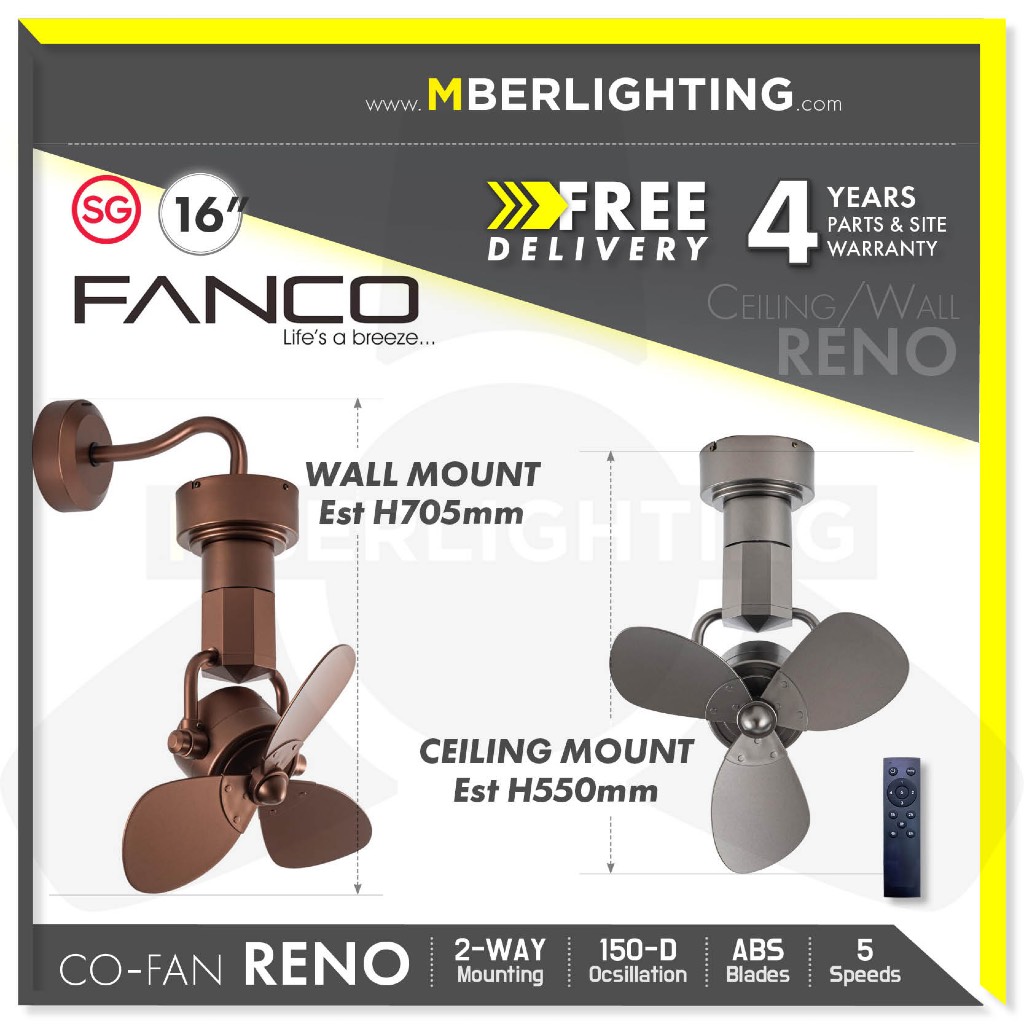 FANCO CO-FAN Reno 16" Corner Fan: 150-Degree Oscillation, Dual Mount ...