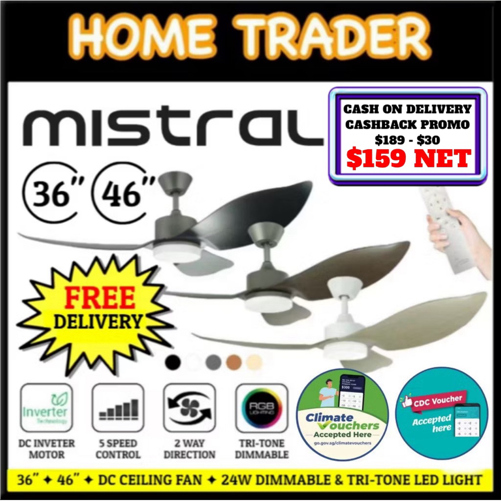 CASH ON DELIVERY MISTRAL 46" DC CEILING FAN 24W TRI-TONE LED LIGHT SPACE 46 D'Fan | Shopee Singapore