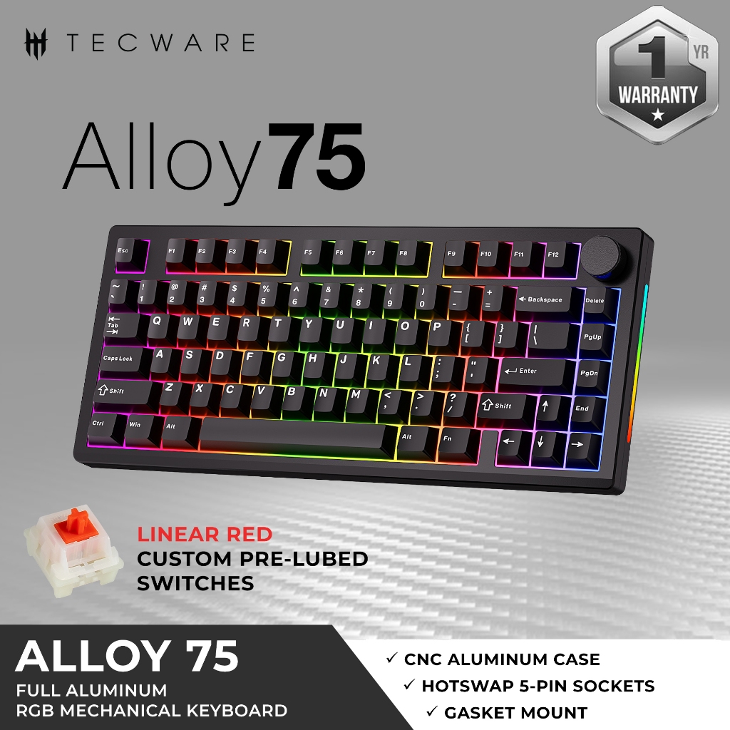Tecware Alloy 75 Aluminium RGB Mechanical Keyboard w/ Knob & Custom Red ...