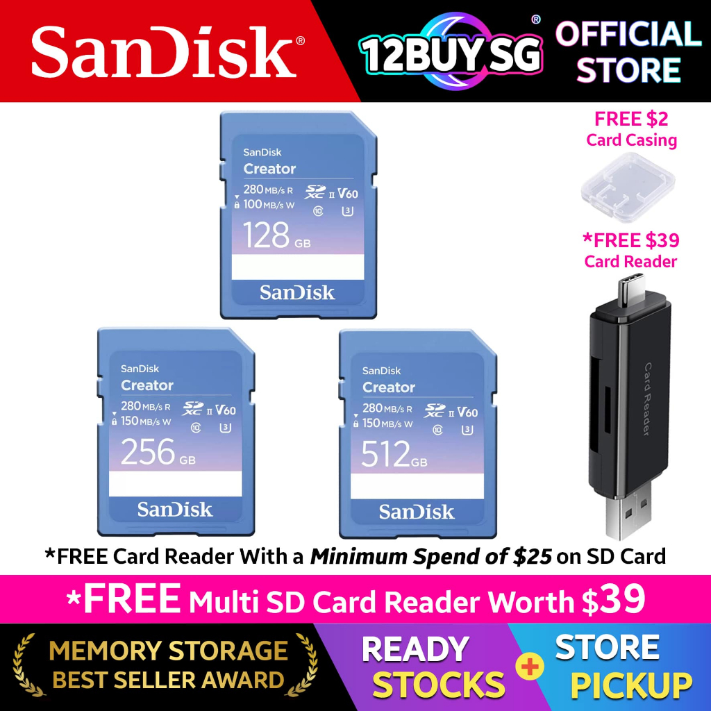 Sandisk Creator 4K 6K SD Card V60 U3 UHS-II Read Speed 280MB/s 128GB 256GB 512GB DXEPC 12BUY.SG ...