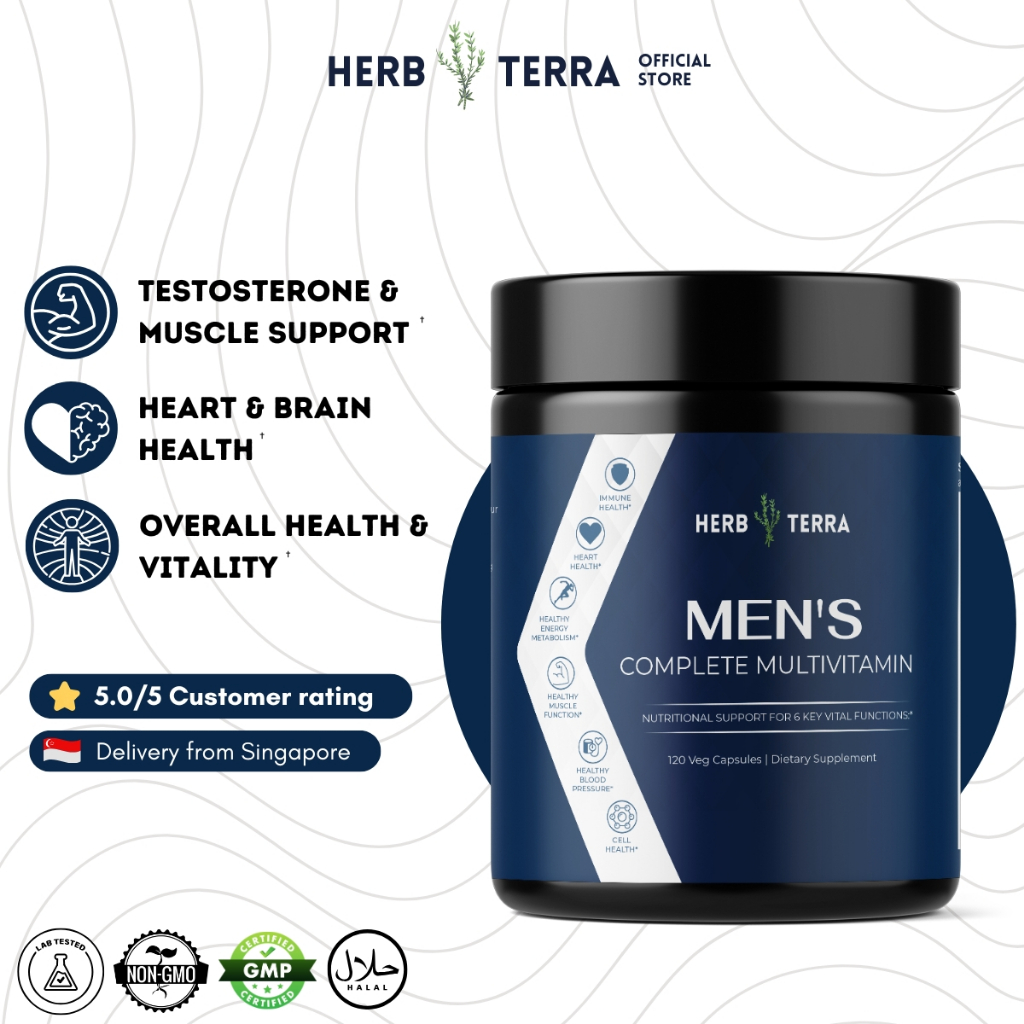 Herb Terra Men’s Multivitamin, Supplement Capsule with Vitamin B,C,D,E and Folate for Immune ...