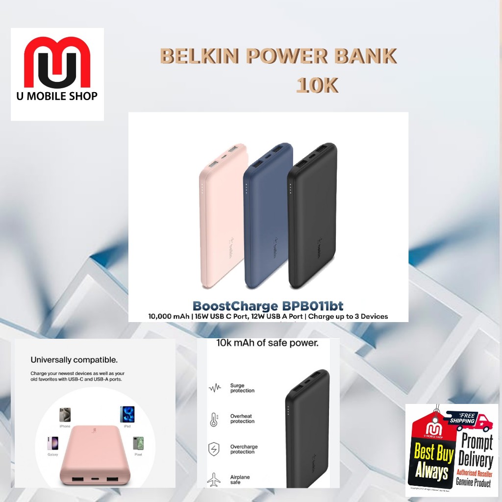 Belkin BPB011bt Boost Charge Power Bank 10K + USB-A to USB-C cable ...