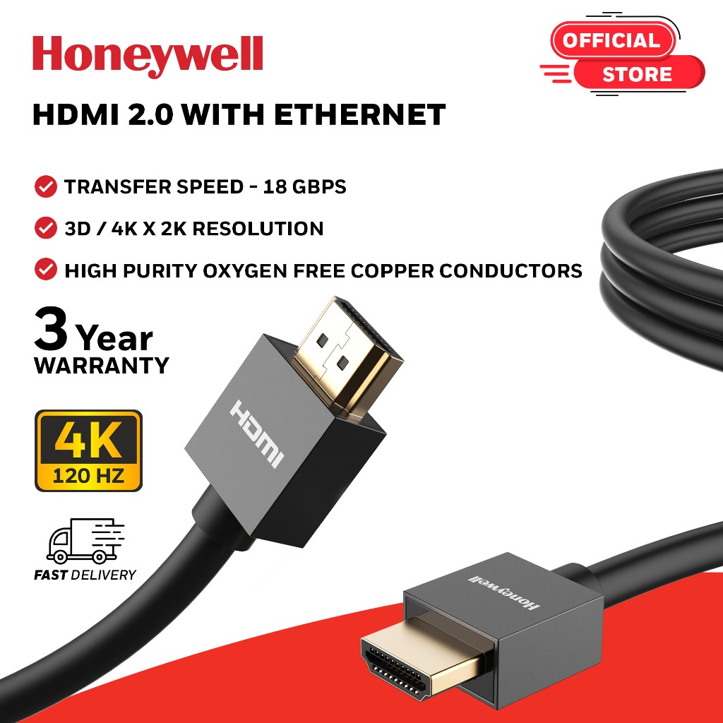 Honeywell HDMI Cable v2.0 with Ethernet, 3D/4K@60Hz Ultra HD Resolution ...