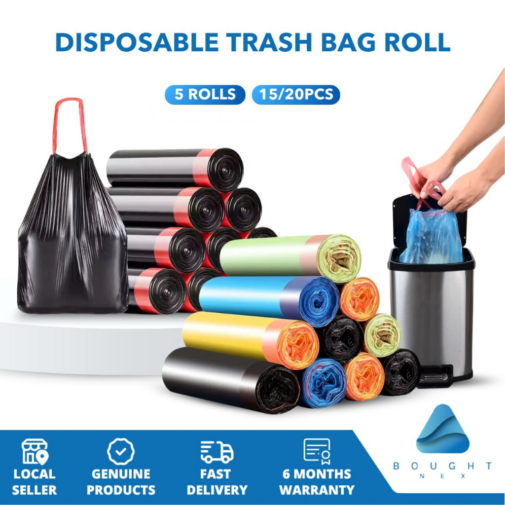 Disposable Trash Bag Roll x 15pcs - Rope Pull, 5 Rolls x 20pcs, Durable ...
