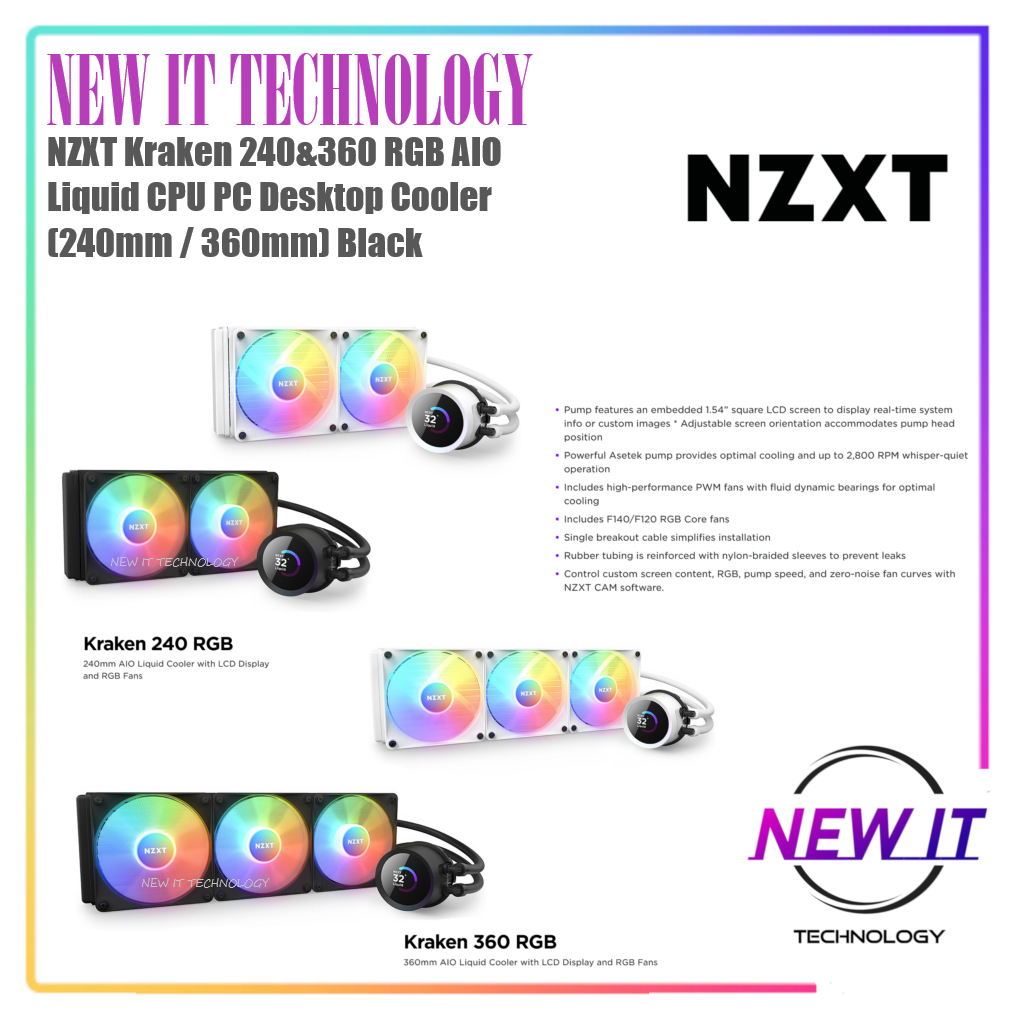 NZXT Kraken & Kraken Plus 240 & 360 RGB AIO Liquid CPU PC Desktop ...