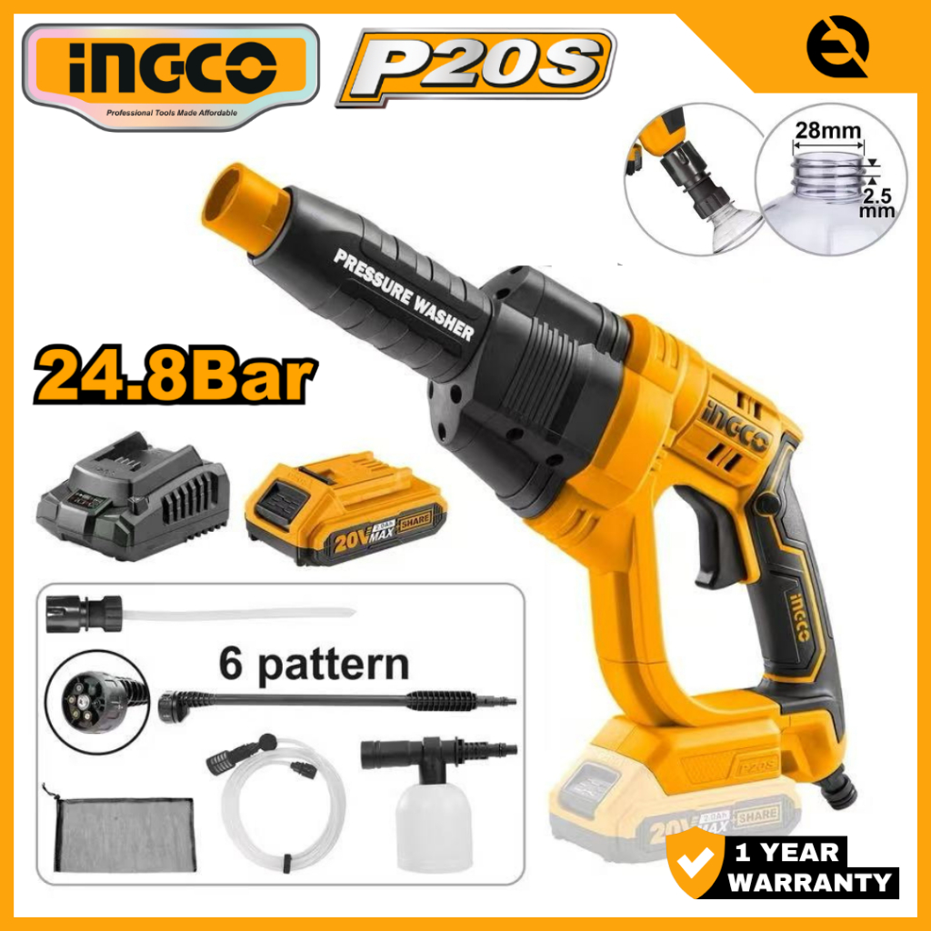 INGCO 20V 6 PATTERN CORDLESS PRESSURE WASHER | MAX 24.8BAR | CPWLI20082 ...