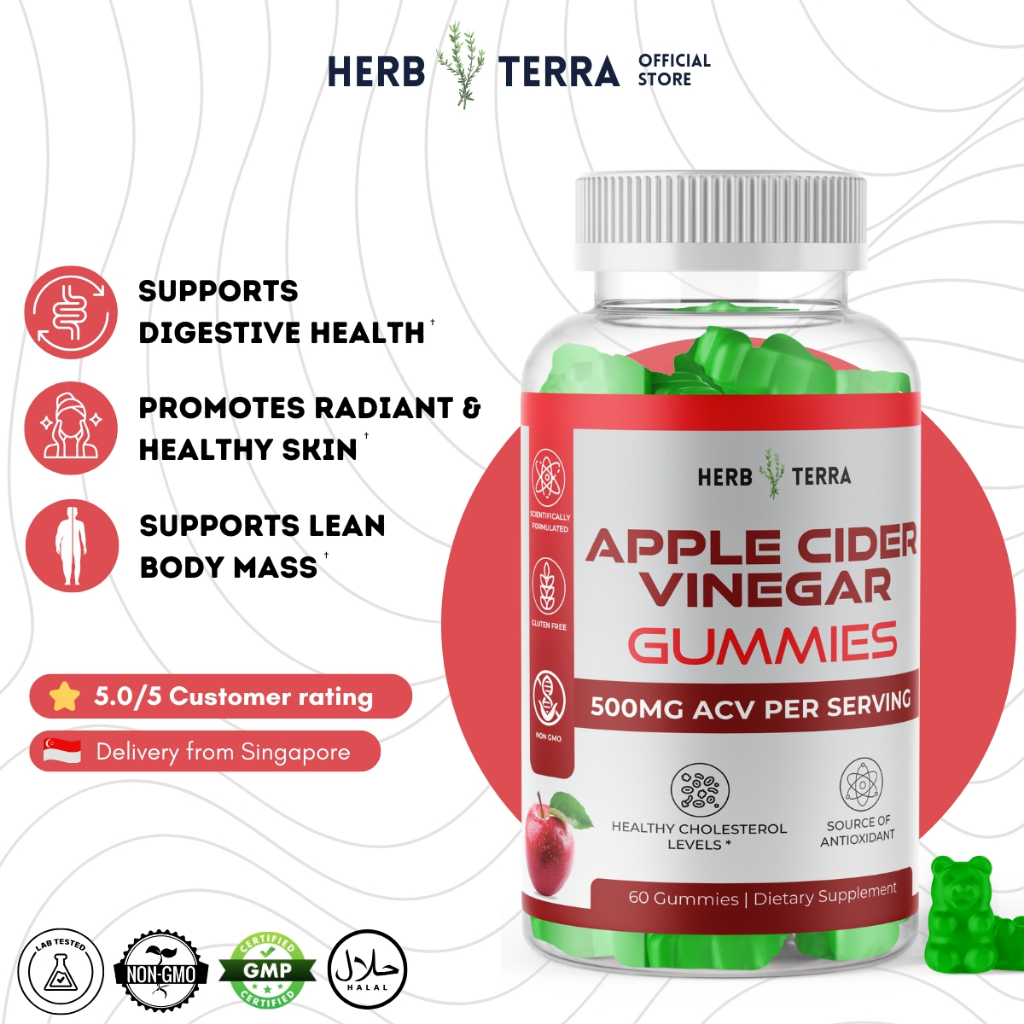 Herb Terra Apple Cider Vinegar Gummies | 500 mg | 60 Gummies | Apple Flavor | Vegan, Non-GMO ...