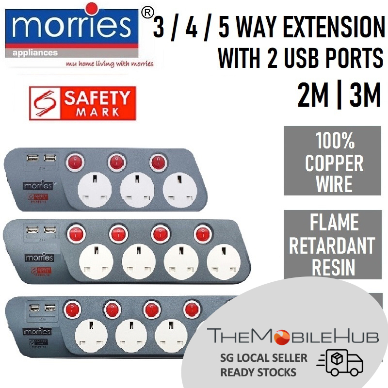 Morries 3 / 4 / 5 Way Power Extension Socket with 2 USB Ports 2.1A ...