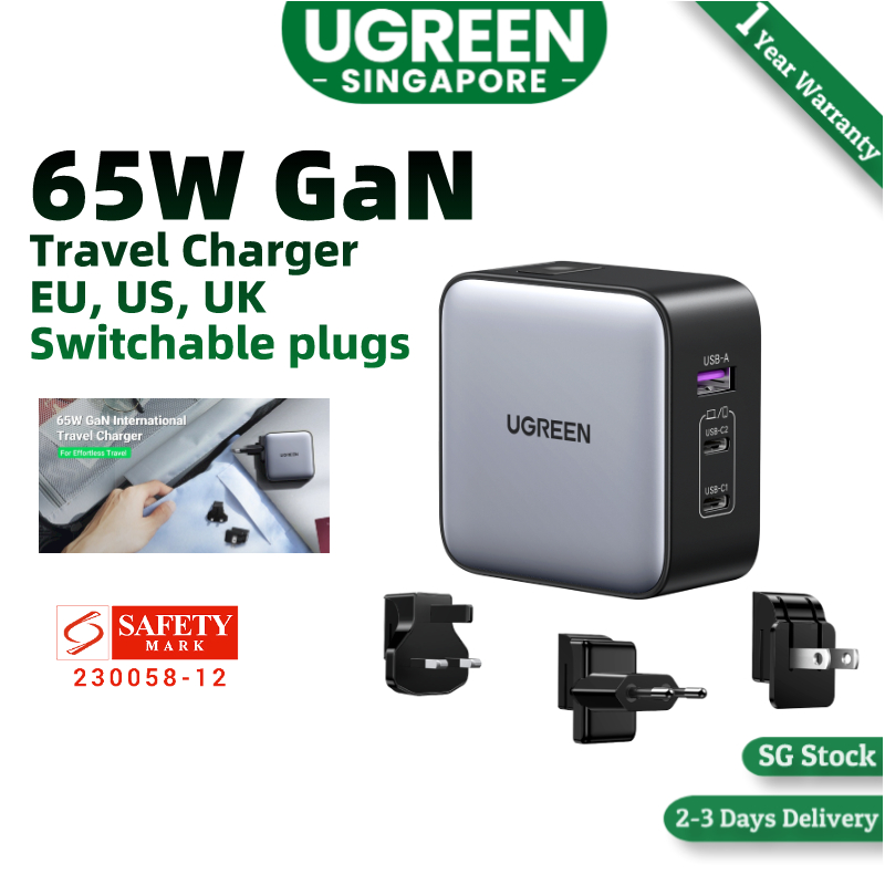 UGREEN 65W GaN PD Fast Travel Charger Quick Charge 2 Type C 1 USB A Charger with UK/EU/US Plugs ...