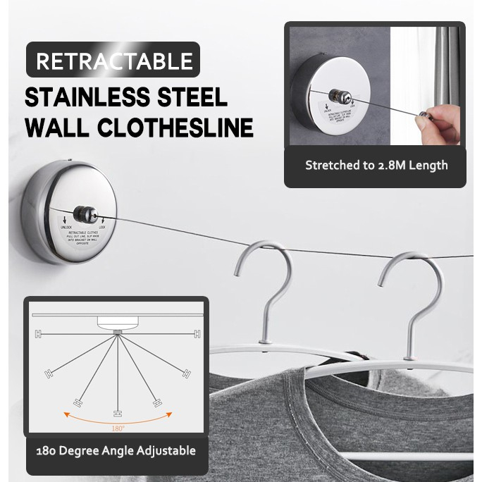 Retractable 2.8 Meter Stainless Steel Wall Clothesline | Clothes Line ...