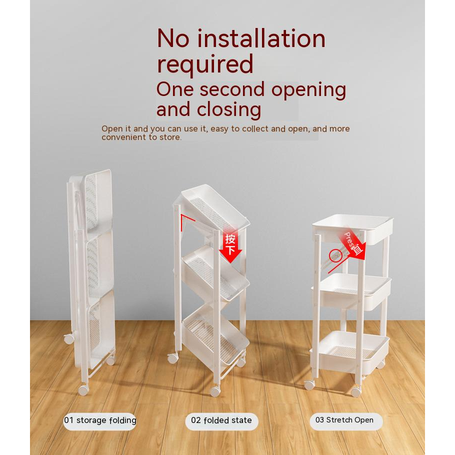 Multi-Purpose Foldable 3 Tier Storage Trolley Rolling Cart Home ...