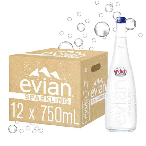 Evian Sparkling Carbonated Natural Mineral Water Glass Bottle 12 X 750ML Case/Water Glass Bottle ...