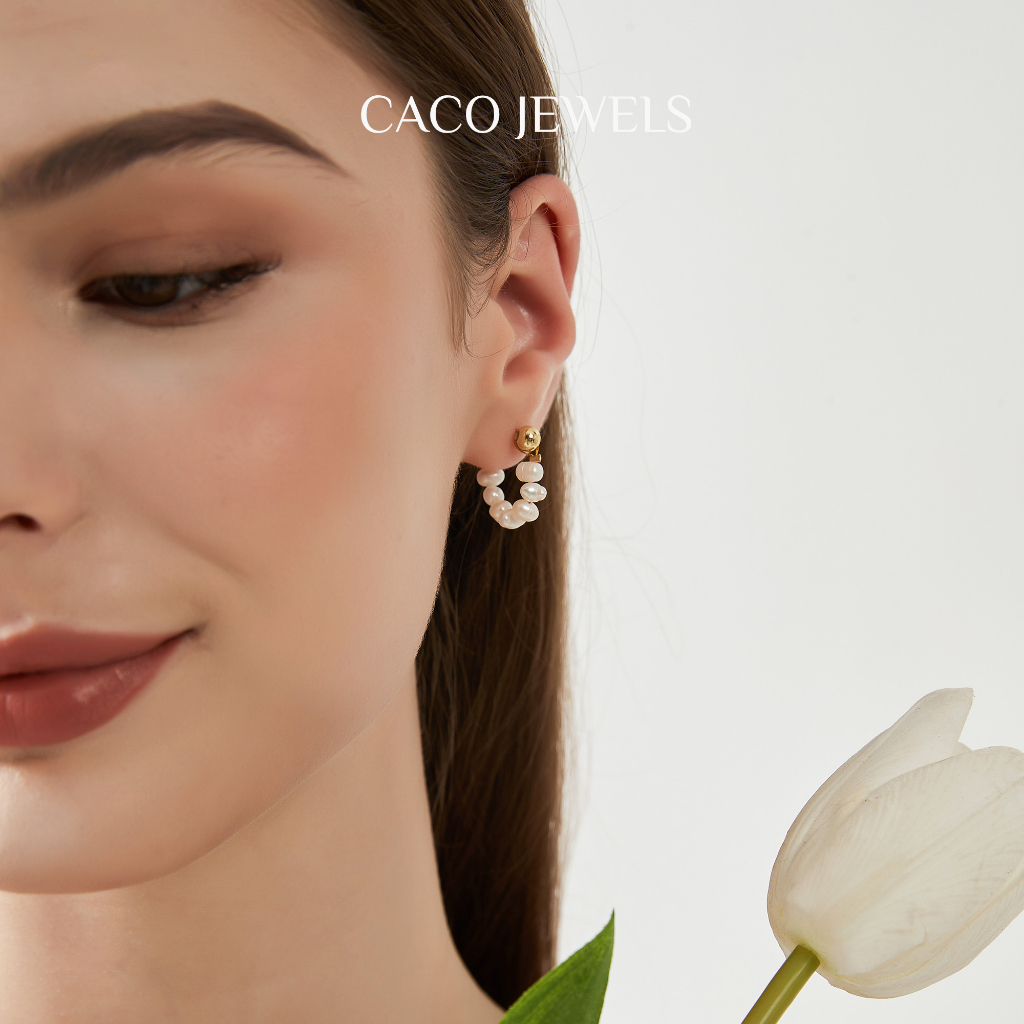 CACO Freshwater Pearl Earrings 14K Gold Plated 925 Silver Post "Loop ...