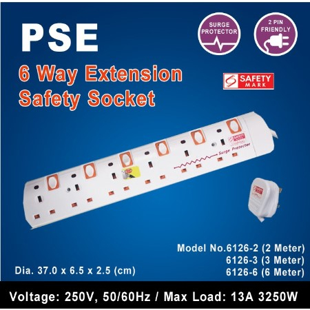 Hoyo 6 Way Extension Socket with Surge Protection and Safety Mark Power ...