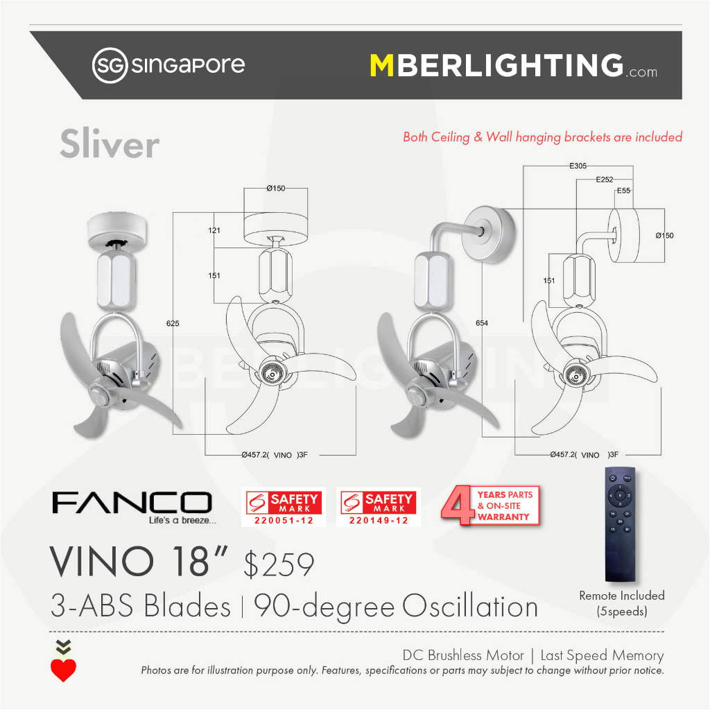 FANCO Dono 16"Corner Fan: Ceiling & Wall Mounting Options with Remote ...
