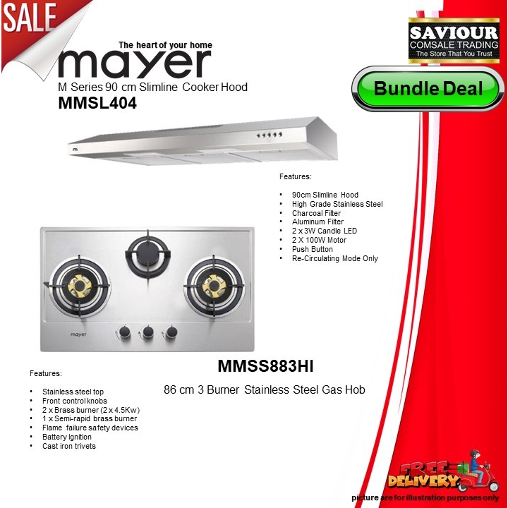 Bundle Deal - MAYER MMSS883HI 86 cm 3 Burner Stainless Steel Gas Hob ...