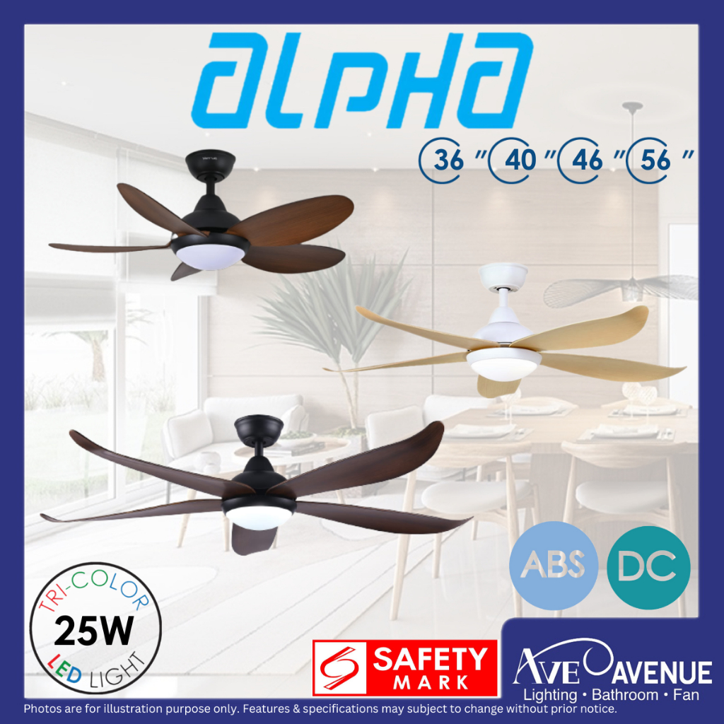 ALPHA LUNA 5 BLADES DC Motor Ceiling Fan with 3 Tone LED Light Kit and ...