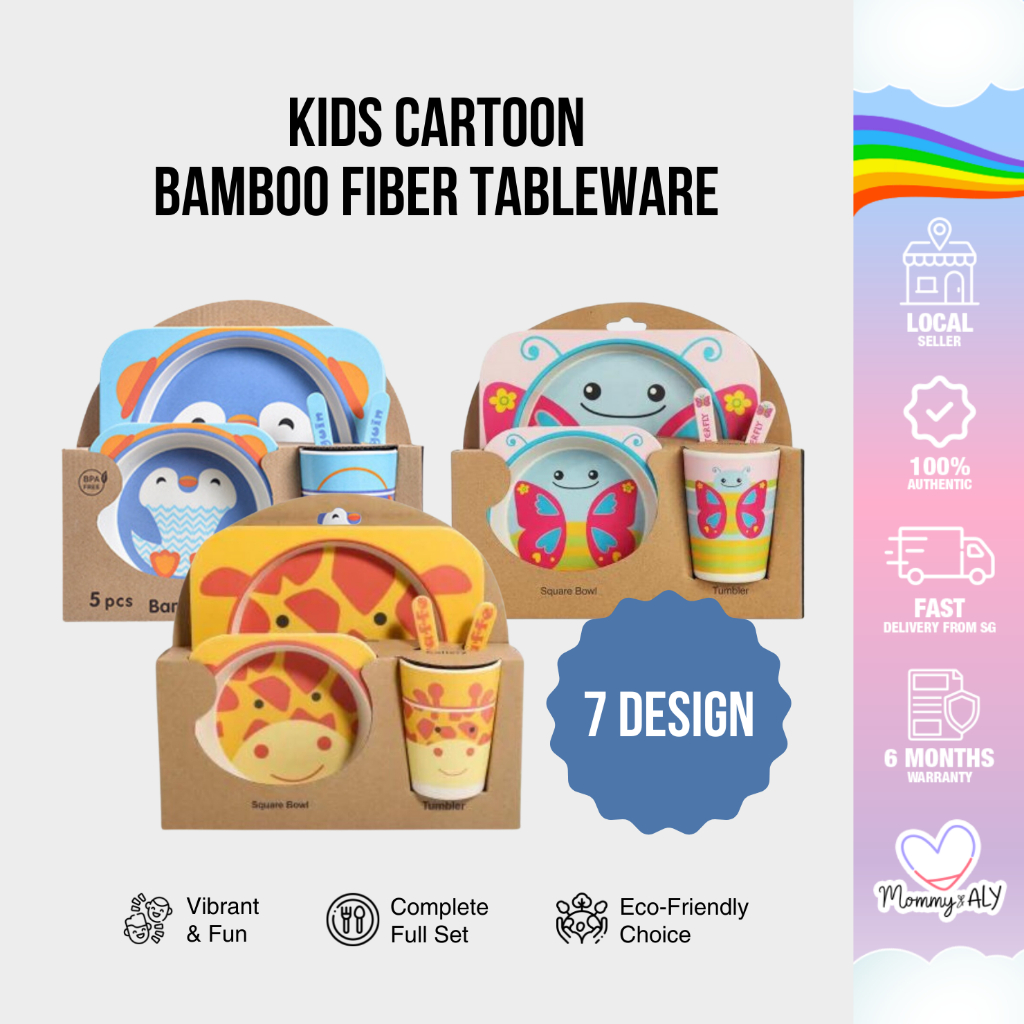 Kids Bamboo Fiber Tableware Set 5pcs Eco-Friendly Cartoon Plate, Cup ...