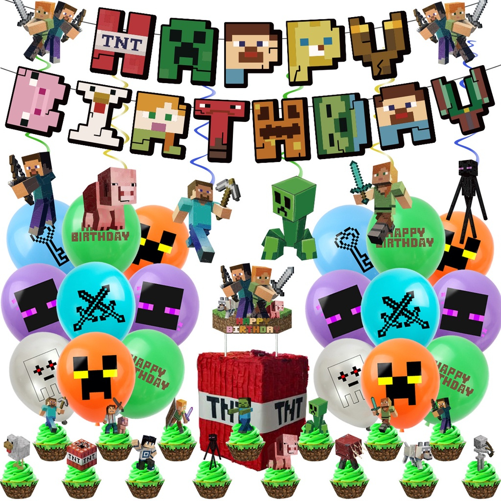 New Minecraft Birthday Theme: Big Cake Topper, Happy Birthday Banner ...