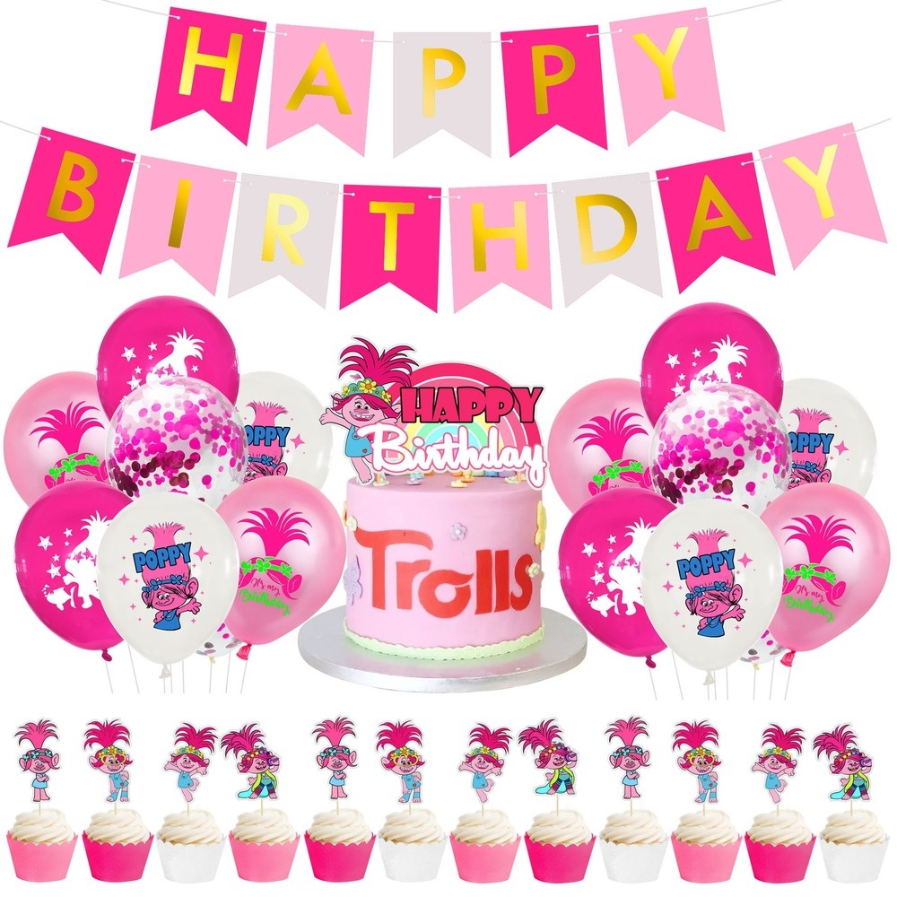 Trolls Birthday Theme Set: Happy Birthday Banner, Big Cake Topper ...
