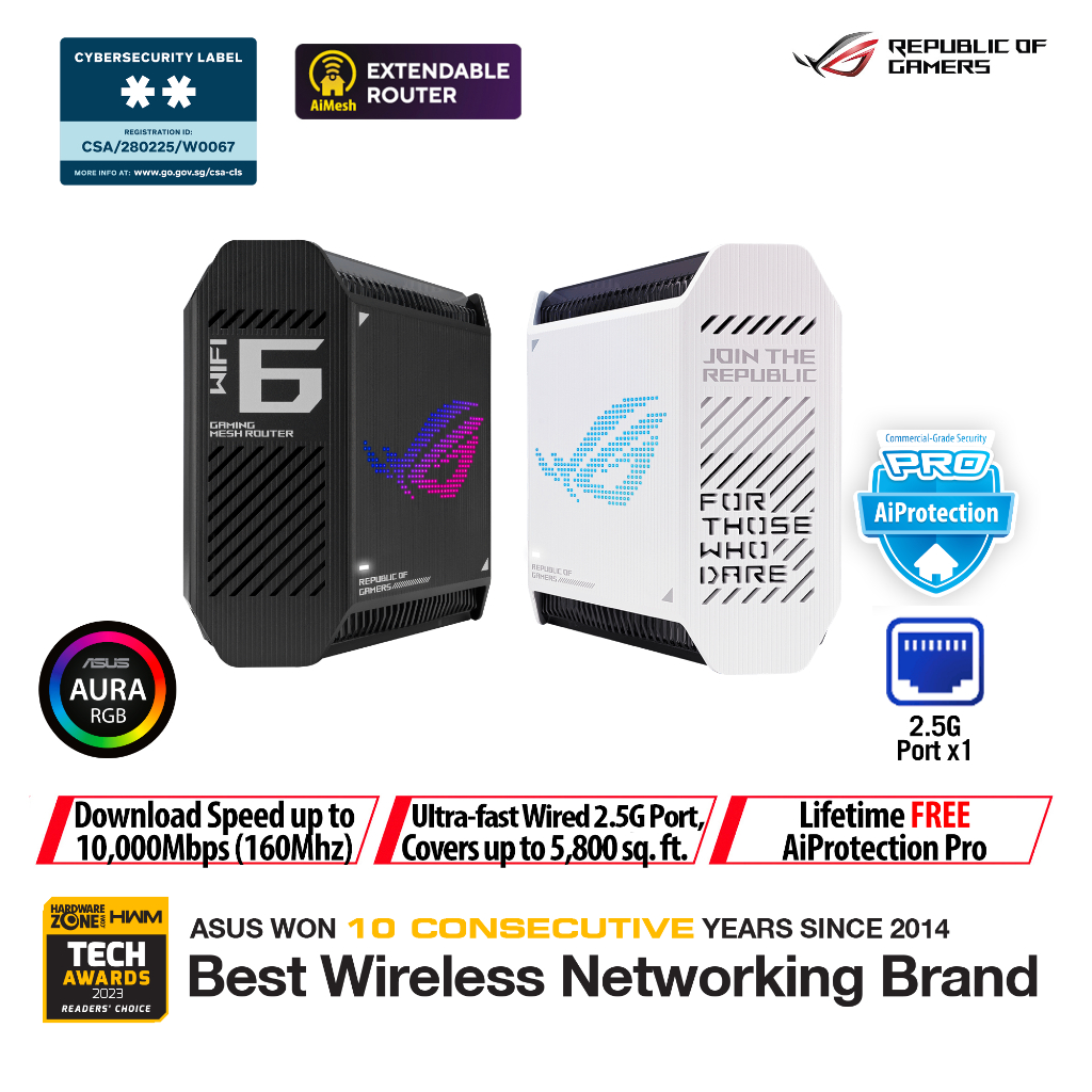 ASUS ROG Rapture GT6 Tri-Band WiFi 6 Mesh Gaming Router, covers up to ...