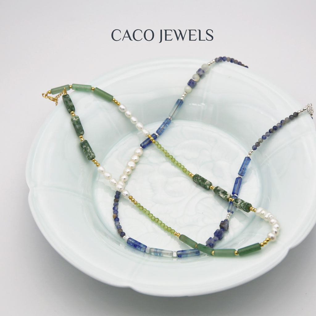 CACO Freshwater Pearl Necklace 14K Gold Chain Plated Jade Gemstone ...