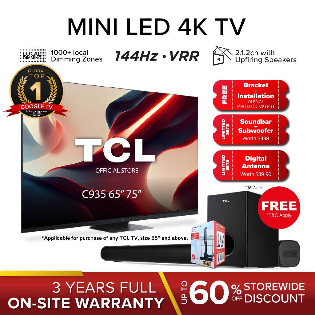 TCL C935 Mini LED | 4K Google TV 65 75 inch | 144Hz VRR | Dolby Atmos ...
