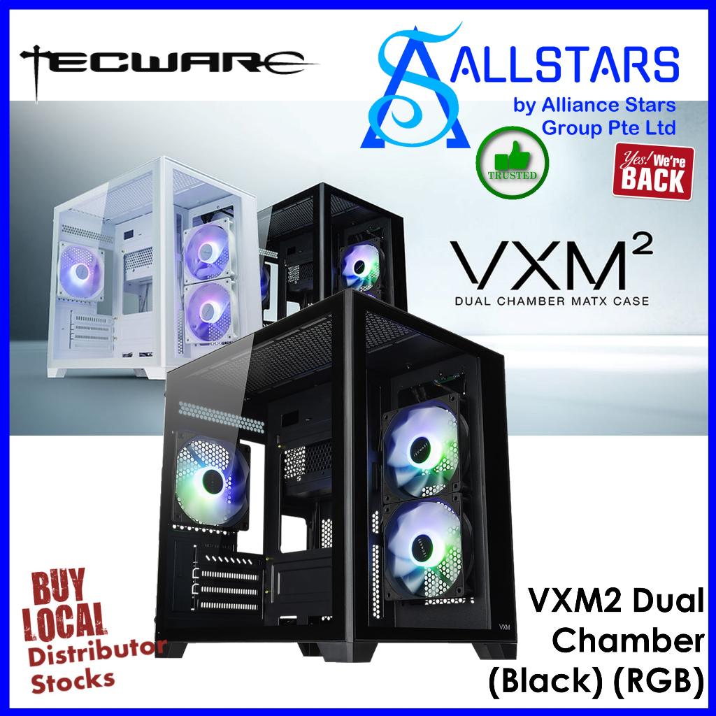 Tecware VXM2 Dual chamber (Black) MATX case, w/ 3 x Black ARGB Fans ...