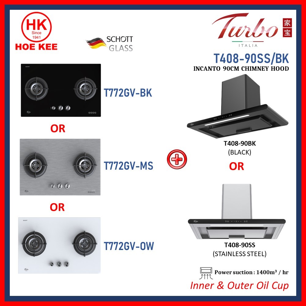 (BUNDLE) TURBO T772GV-BK/OW/MS GLASS HOB + TURBO INCANTO T408-90SS/BK 90CM CHIMNEY HOOD | Shopee ...