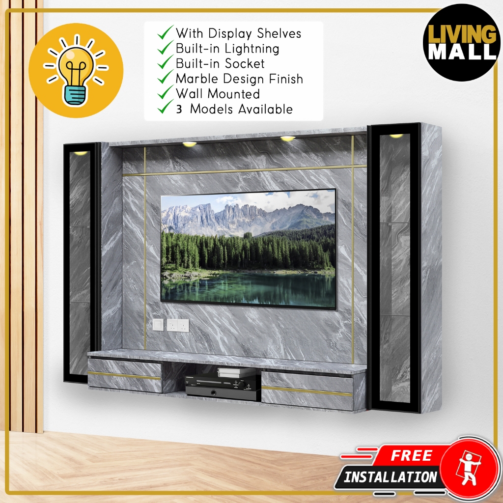 Living Mall Petra Series Wall Mount TV Console Marble Finish w/ Light and Built-in Socket 3 ...