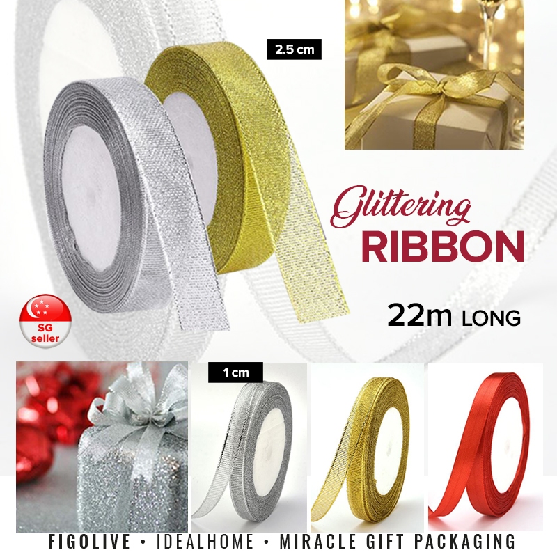 [SG Seller] (22 meter/roll) CNY Red Ribbons / Metallic Glitter Ribbon ...