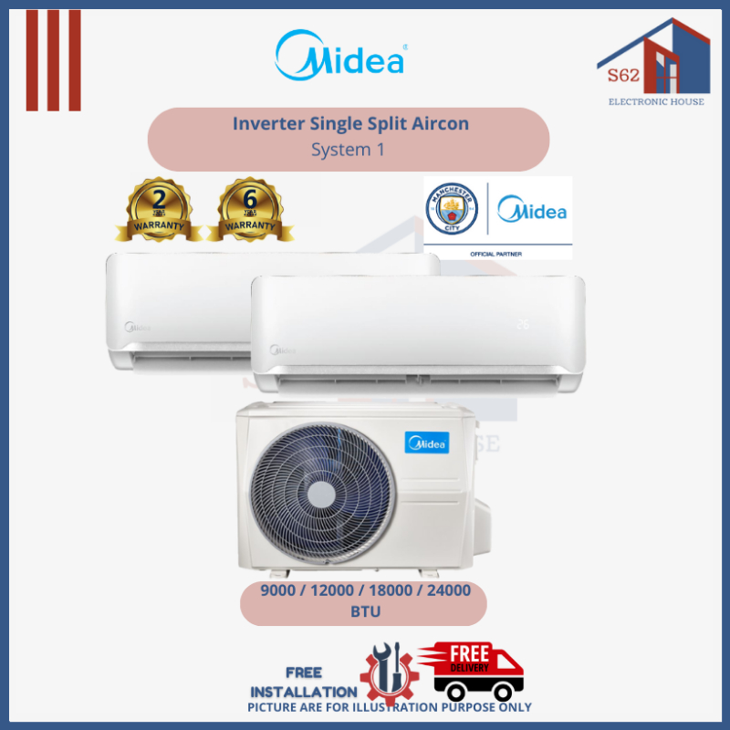 Midea System 1 Inverter Single Split Aircon R32 Gas - 9000 / 12000 ...
