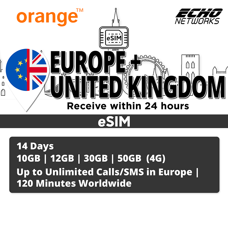 [eSIM- Orange] Europe/UK | 14/28 Days | 10GB/12GB/30GB/50GB(4G) Data + Unlimited Calls/SMS | No ...