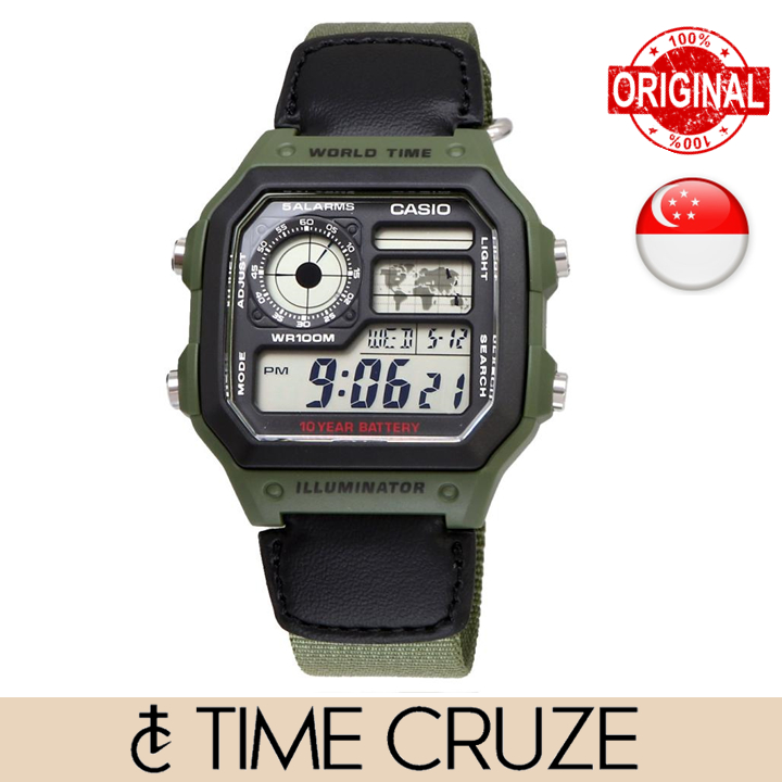 [Time Cruze] Casio AE-1200 World Time Green Cloth Band Digital Men ...