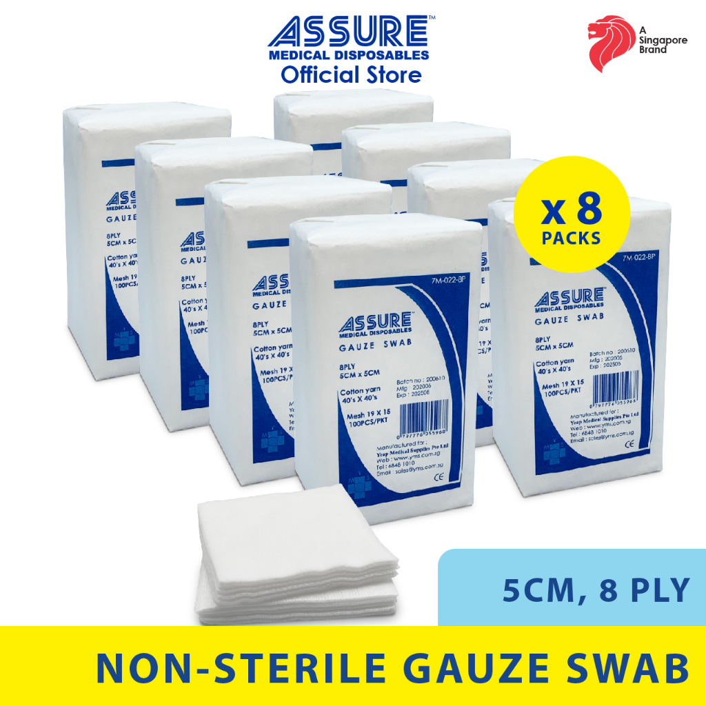 [Bundle of 8] ASSURE Gauze Swab Non-Sterile 5cm x 5cm x 8-Ply, 100 Pce ...